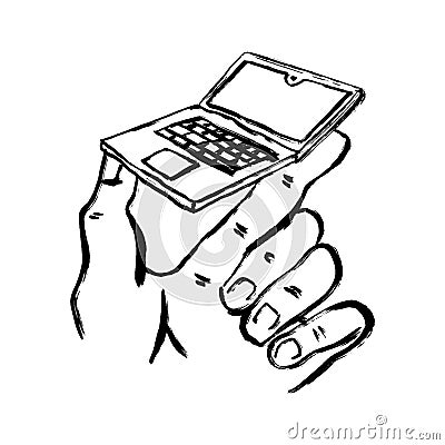Vector Sketch Of Small Laptop In Hand. Concept Of Small Computers. Line ...