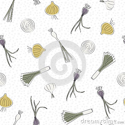 Vector Vegetables Onions Garlic Shallots Leeks On White Seamless Repeat ...