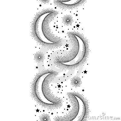 Vector Vertical Seamless Pattern With Dotted Half Moon And Stars In ...