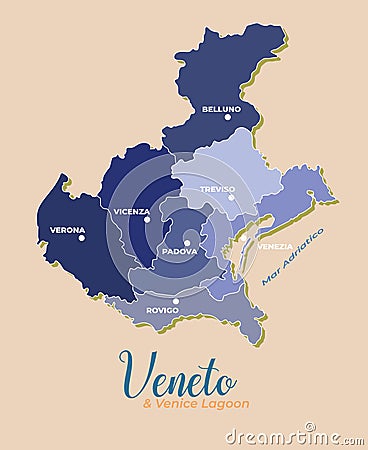 Veneto And Venice Lagoon Vector Map Divided Into Provinces With Major ...