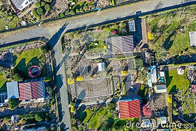 Vertical Aerial View Of An Allotment Garden With Huts, Garden And Paths ...