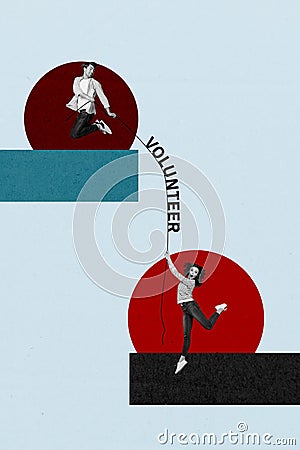 Vertical Creative Picture Collage Two Young Girls Pull Rope Volunteer ...