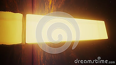 Vertical Glowing Monolith Tower Rotating Over Calm Ocean Waters Loop ...