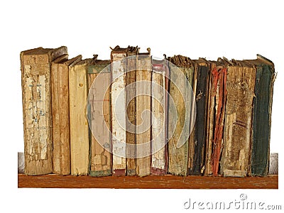 Very Old And Worn Books On A Wooden Shelf Isolated On White Back Stock ...