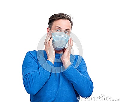 Very Scared Man In A Respiratory Mask Is Afraid Of Contracting A Virus ...
