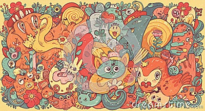 A Vibrant, Whimsical Illustration Featuring Various Imaginative Cartoon ...