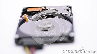 Video of Opened Hard Disk Drive with Spinning Platter. Close Up of a ...