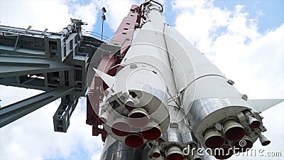 View Of Bottom Of Rocket On Background Of Sky. Action. Realistic ...