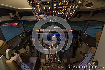 A View Of The Cockpit Of A Large Commercial Airplane A Cockpit ...