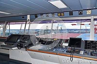 View Of The Control Console On The Navigational Bridge Of The Cargo ...