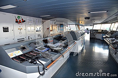 View Of The Control Console On The Navigational Bridge Of The Cargo ...