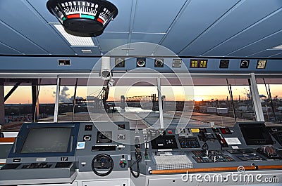 View Of The Control Console On The Navigational Bridge Of The Cargo ...