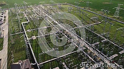 View from Flying Drone. High-voltage Substation with Switch, Connectors ...