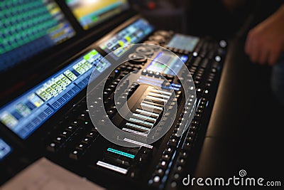 View Of Lighting Technician Operator Working On Mixing Console ...