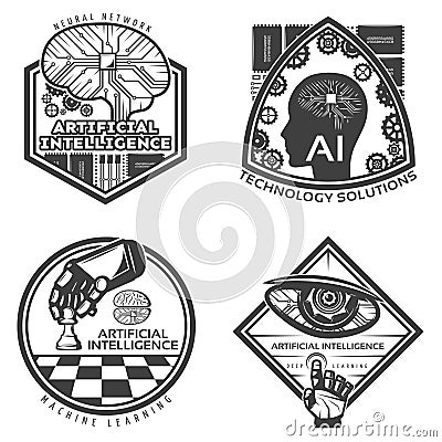 Vintage Artificial Intelligence Emblems Set Vector Illustration ...