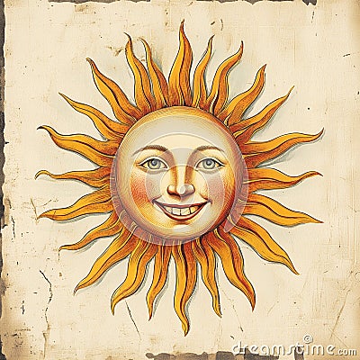 Vintage Illustration Of A Smiling Sun With Radiant Orange Rays Royalty ...
