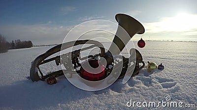 Vintage Musical Instruments on Snow with Christmas Decorations, Time ...