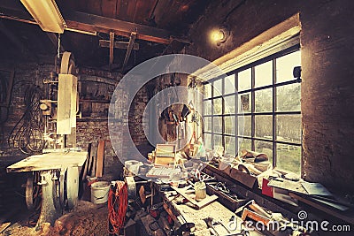 Vintage Stylized Old Carpenter Workshop Interior Stock Photo - Image ...