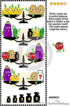 Visual Math Puzzle With Scales, Weights And Vegetables Cartoon Vector ...
