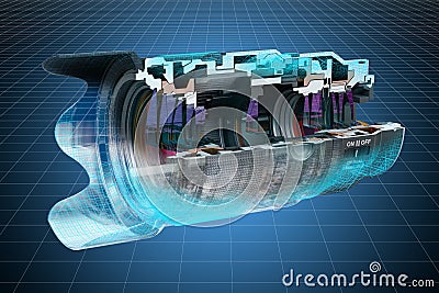 Visualization 3d Cad Model Of Camera Lens, Blueprint. 3D Rendering ...