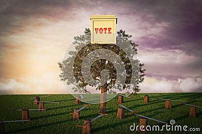 Voting Tree Surrounded By Saws And Cut Down Trees Demonstrating Voting ...