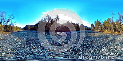 360 VR Virtual Reality Of A Wild Mountains, Pine Forest And River Flows ...