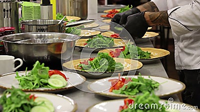 The Waiter in the Restaurant Serves a Hot Dish with Mushrooms on a Set ...