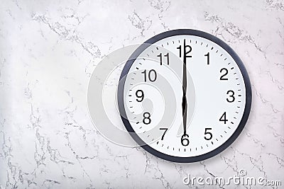 Wall Clock Show Six O`clock On White Marble Texture. Office Clock Show ...