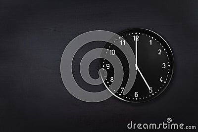 Wall Clock Showing Five O`clock On Black Chalkboard Background. Office ...
