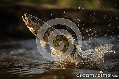 Walleye Fish Jumping Out Of River Water. Generative AI Stock ...