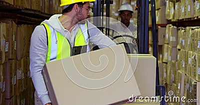 Warehouse Worker Packing Boxes on Forklift Stock Video - Video of ...
