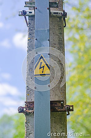 Warning High Voltage Electrical Sign On High Voltage Pole Stock Photo ...
