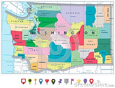 Washington State Political Map And Flat Icon Set Cartoon Vector ...