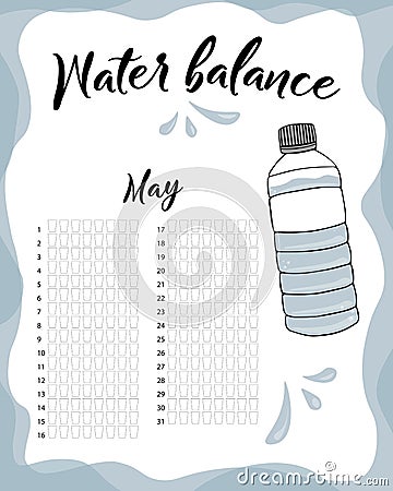 Water Balance Vector Calendar. Water Monthly Tracker. Water Consumption ...