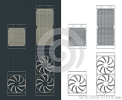 Water Cooling Radiators Blueprints Set Vector Illustration ...