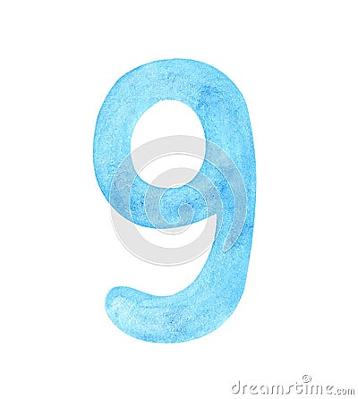 Watercolor Blue Nine Number Isolated On White Stock Image ...