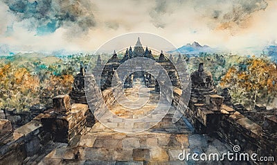 Watercolor Borobudur Temple At Yogyakarta Java Indonesia. Borobudur ...