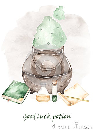 Watercolor Card With A Magic Potion In A Cauldron, A Book, Parchment ...