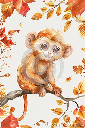 Watercolor Cute Autumn Monkey Clipart Sublimation Royalty-Free Stock ...