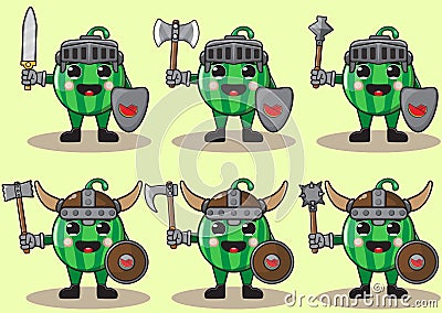 Cartoon Watermelon Emotion Set 4 Knight Sword And Shield Vector ...