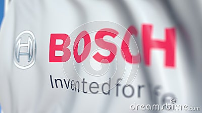 Waving Flag with Robert Bosch GmbH Logo, Close-up. Editorial Loopable ...