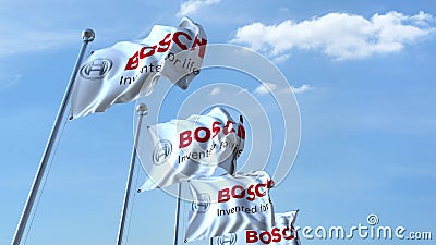 Waving Flags with Bosch Logo Against Sky, Seamless Loop. 4K Editorial ...