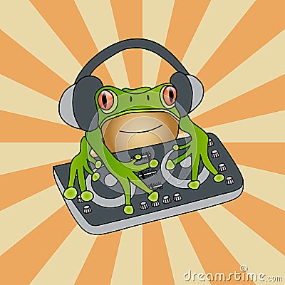 Waxy Monkey Tree Frog DJ Mixer Against Sunburst Vintage Background ...