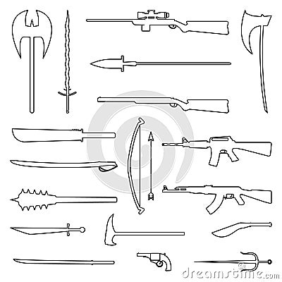 18 Weapon Outline Icon. Medieval And Modern. Flat Vector Illustration ...