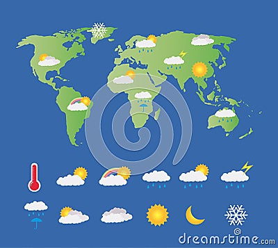 Weather Icon Set With World Map Stock Vector - Image: 73358440