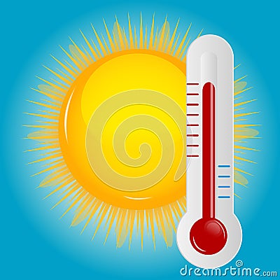 Weather Icons With Sun, Cloud And Thermometer Cartoon Vector ...