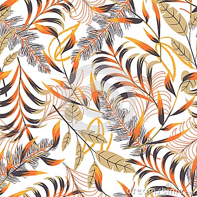 Summer Bright Seamless Pattern With Tropical Leaves And Plants On White Background. Vector ...