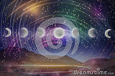 Moon Phases, Lunar Cycle In Night Sky, Time-lapse Concept Stock ...