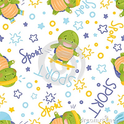 Seamless Pattern Cartoon Character. The Green Turtle Rolls On ...