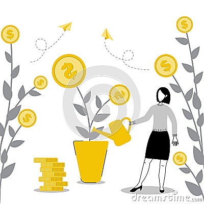 Saving And Increasing Money. Woman Grows A Money Tree. Cartoon Vector ...